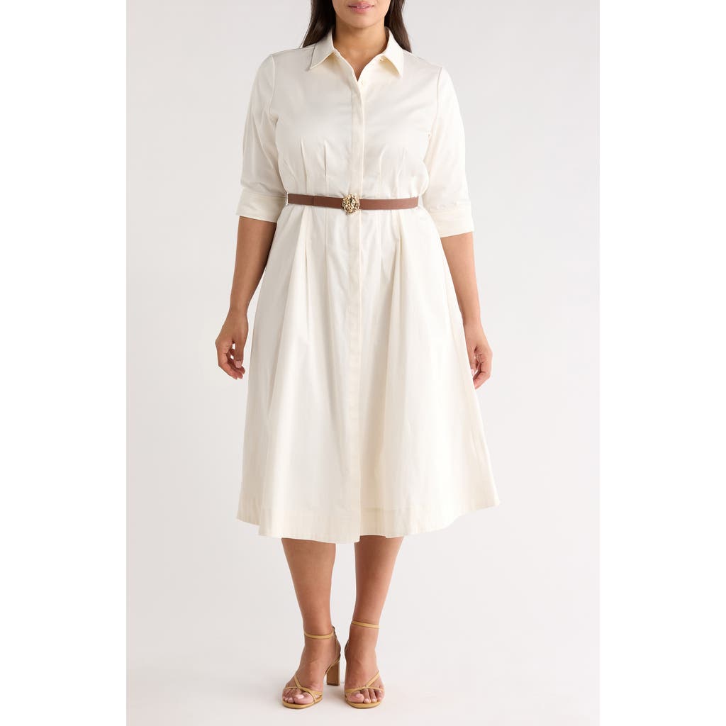 ANNE KLEIN Belted Elbow Sleeve Cotton Sateen Shirtdress